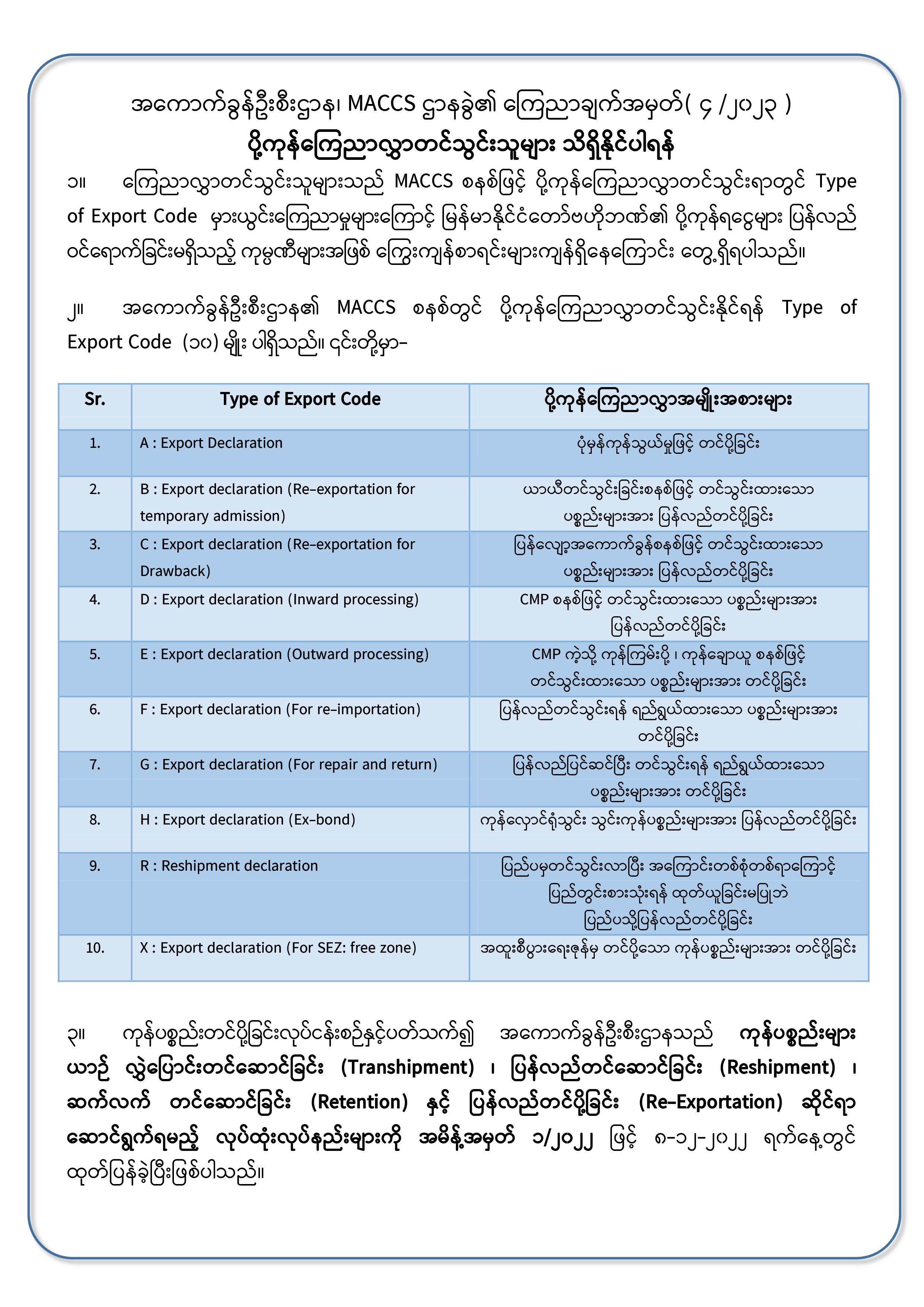 အကောက်ခွန်ဦးစီးဌာန၊ MACCS ဌာနခွဲ၏ ကြေညာချက်အမှတ် (၄/၂၀၂၃) | MACCS